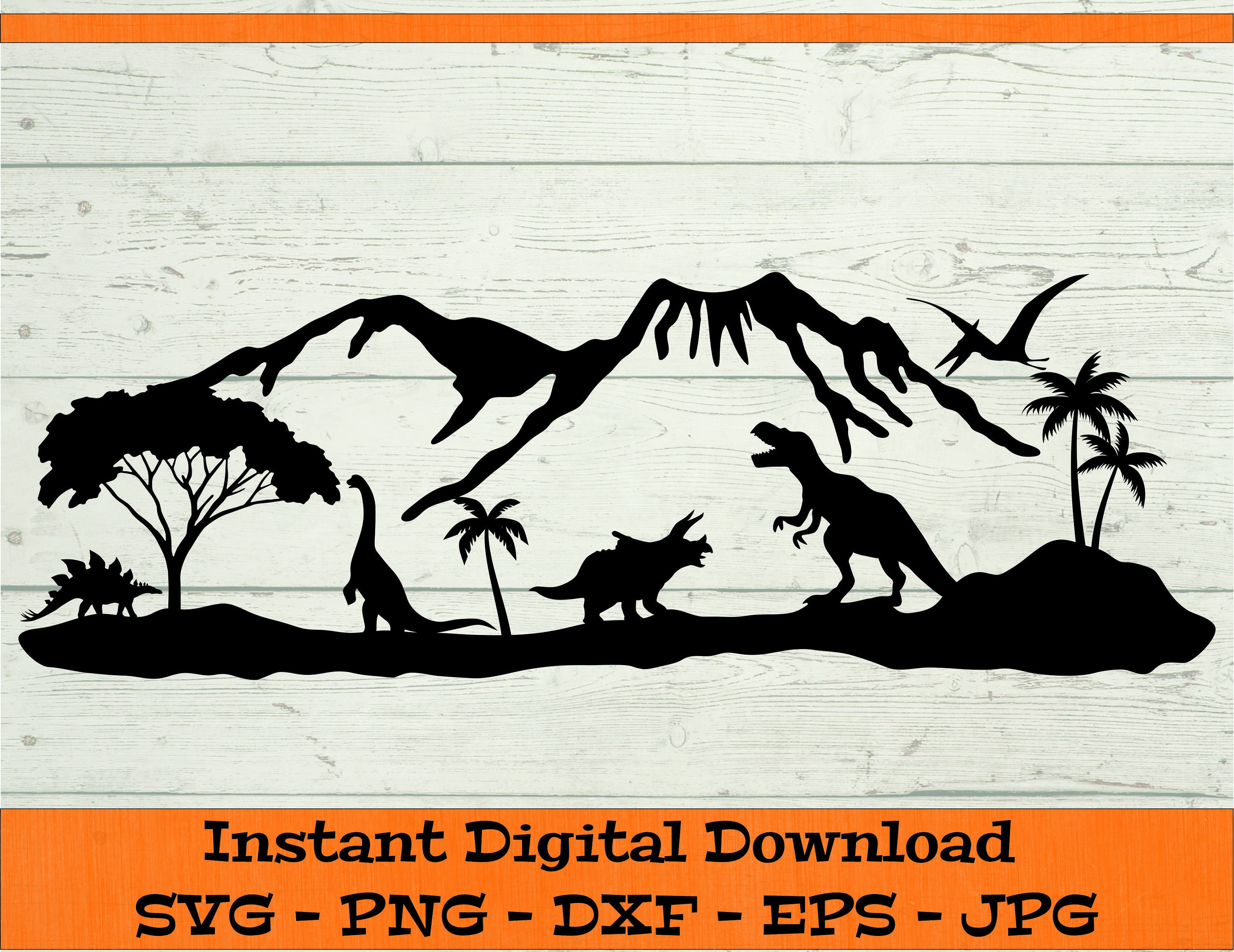 Dinosaur Scene SVG With Mountains Volcano Digital Download - Etsy