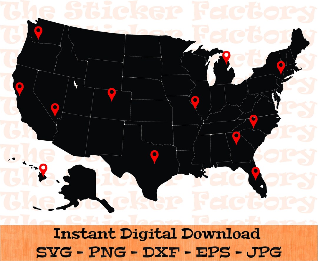 United States Map With Pins Svg – Digital Download – SVG, DFX, PNG, Eps ...