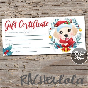 Printable Christmas Pet Gift Certificate Template, Dog, Puppy, Groomer ...