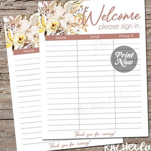 Printable Fall Sign in Sheet for Customers & Clients, Real Estate Open ...