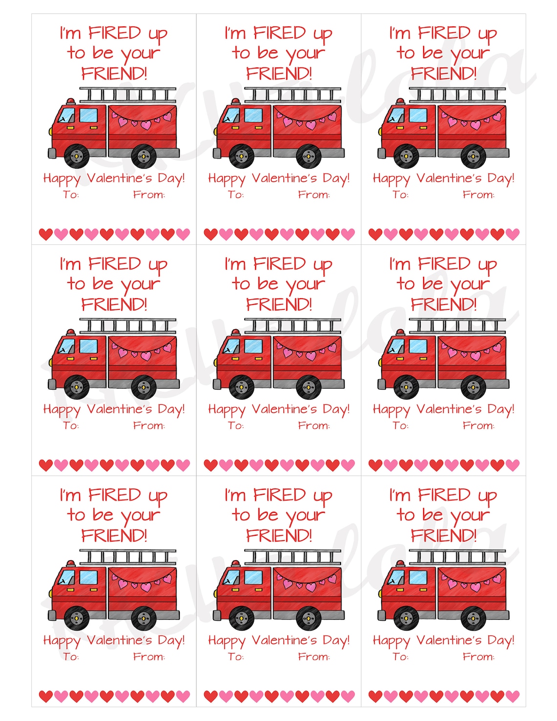 Fire Truck Valentine's Day Card for Kids, Printable Template, Fireman ...
