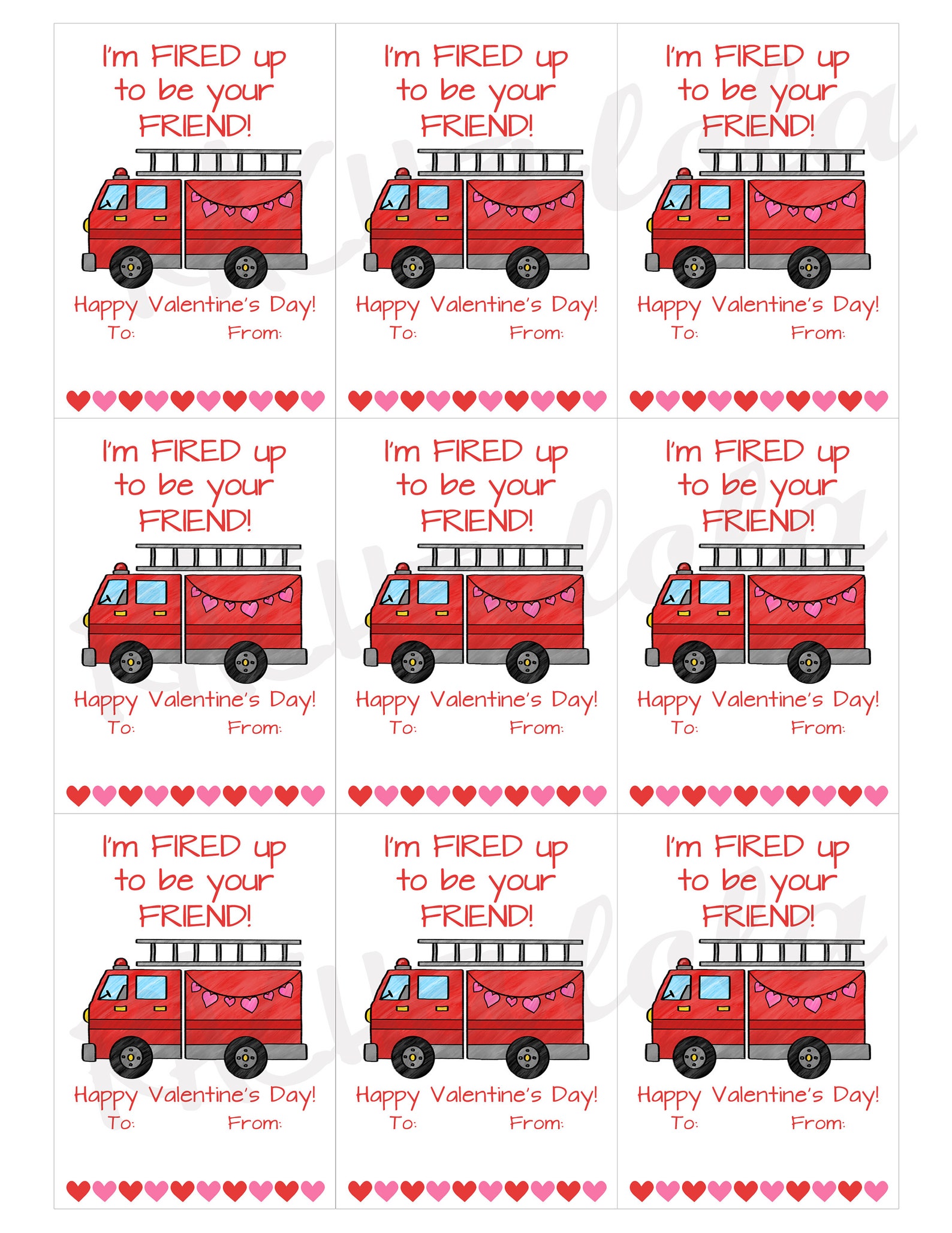 Fire Truck Valentine's Day Card for Kids Printable - Etsy