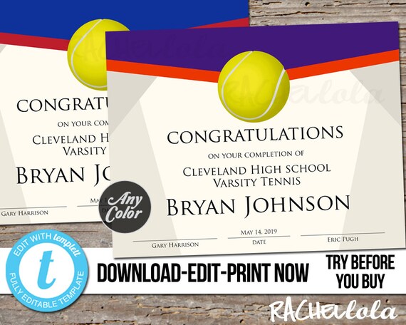 Editable Tennis Certificate, ANY COLOR, Custom printable award template ...