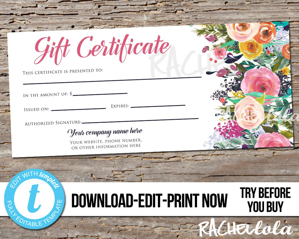 Editable Custom Printable Gift Certificate Template Flowers Etsy Ireland