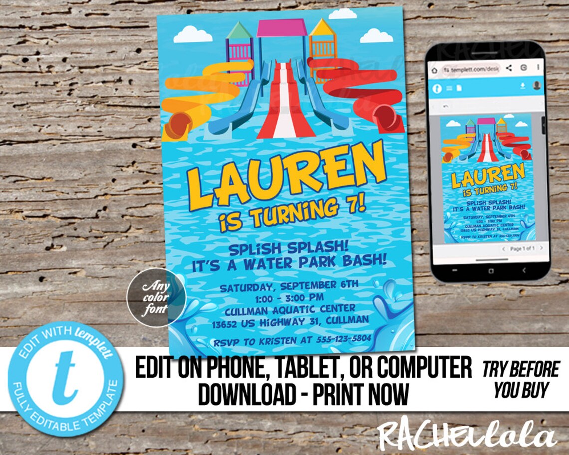 Editable Water Slide Birthday Party Invitation, Water Park Printable ...