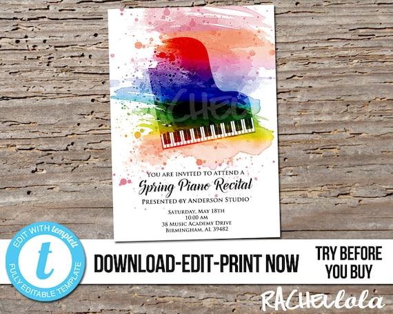 Piano recital invitation, Printable fillable template, College senior ...