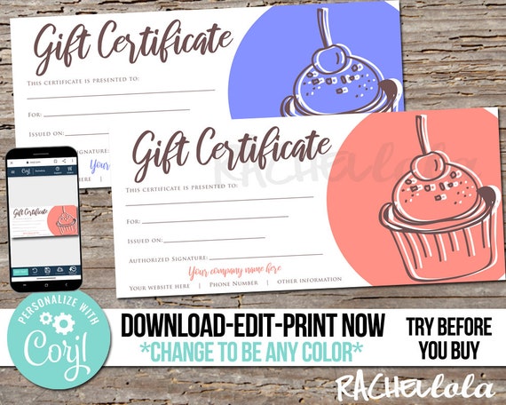 Editable Custom Printable Bakery Gift Certificate template, Cupcake ...