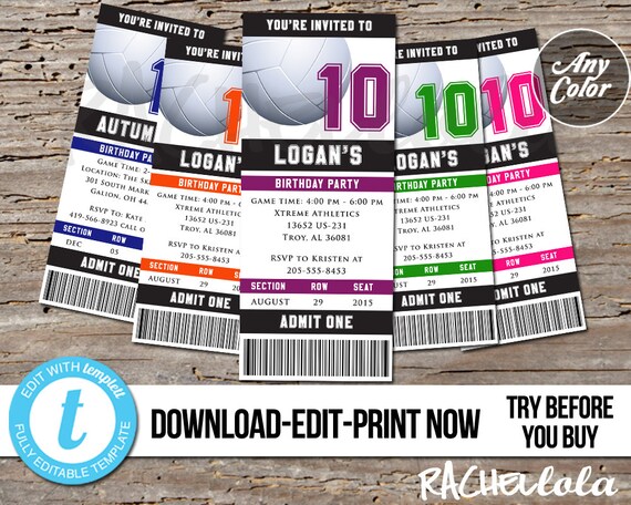 Editable Volleyball ticket, Birthday invitation printable template ...