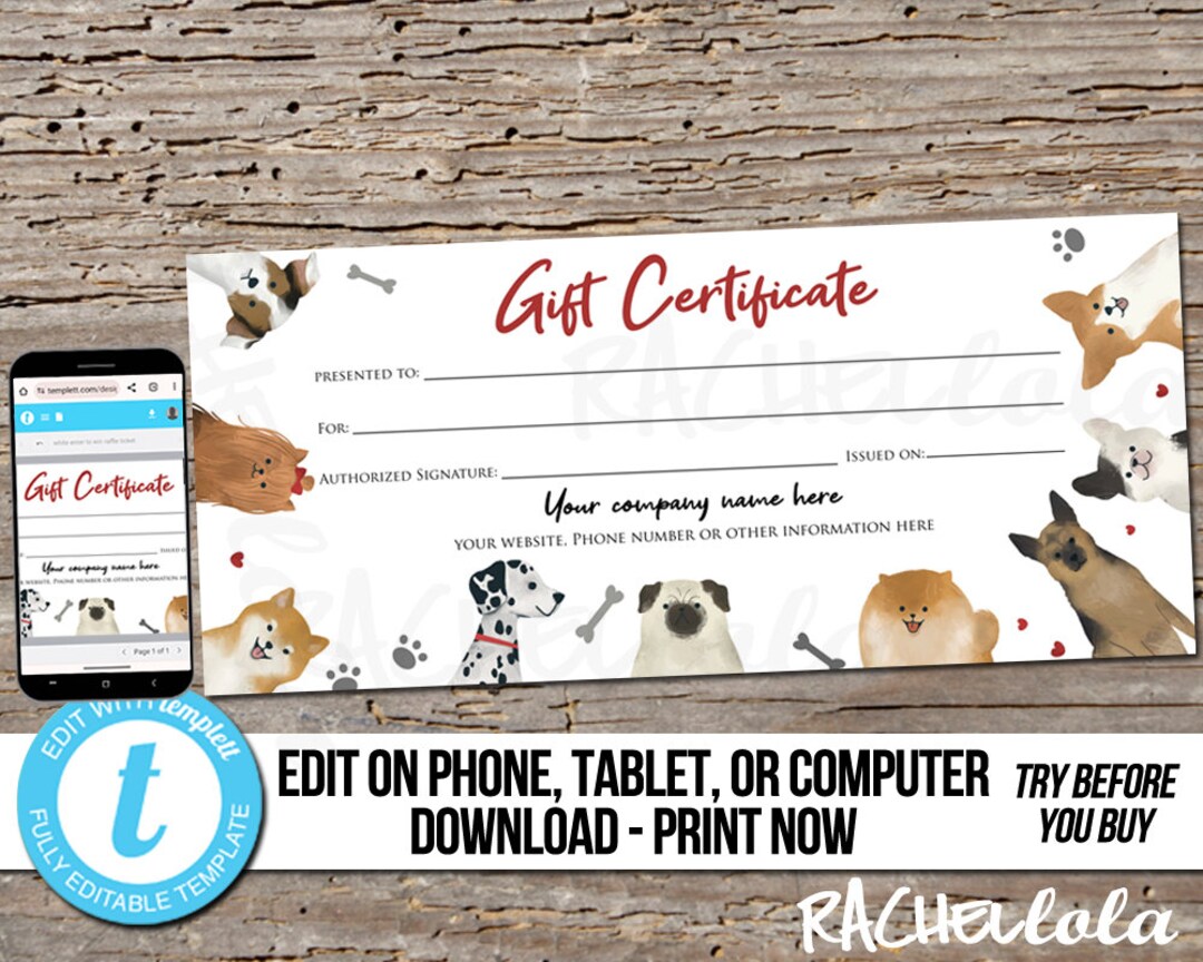 Pet Gift Certificate, Printable Fillable Template, Dog Boarding, Cat ...