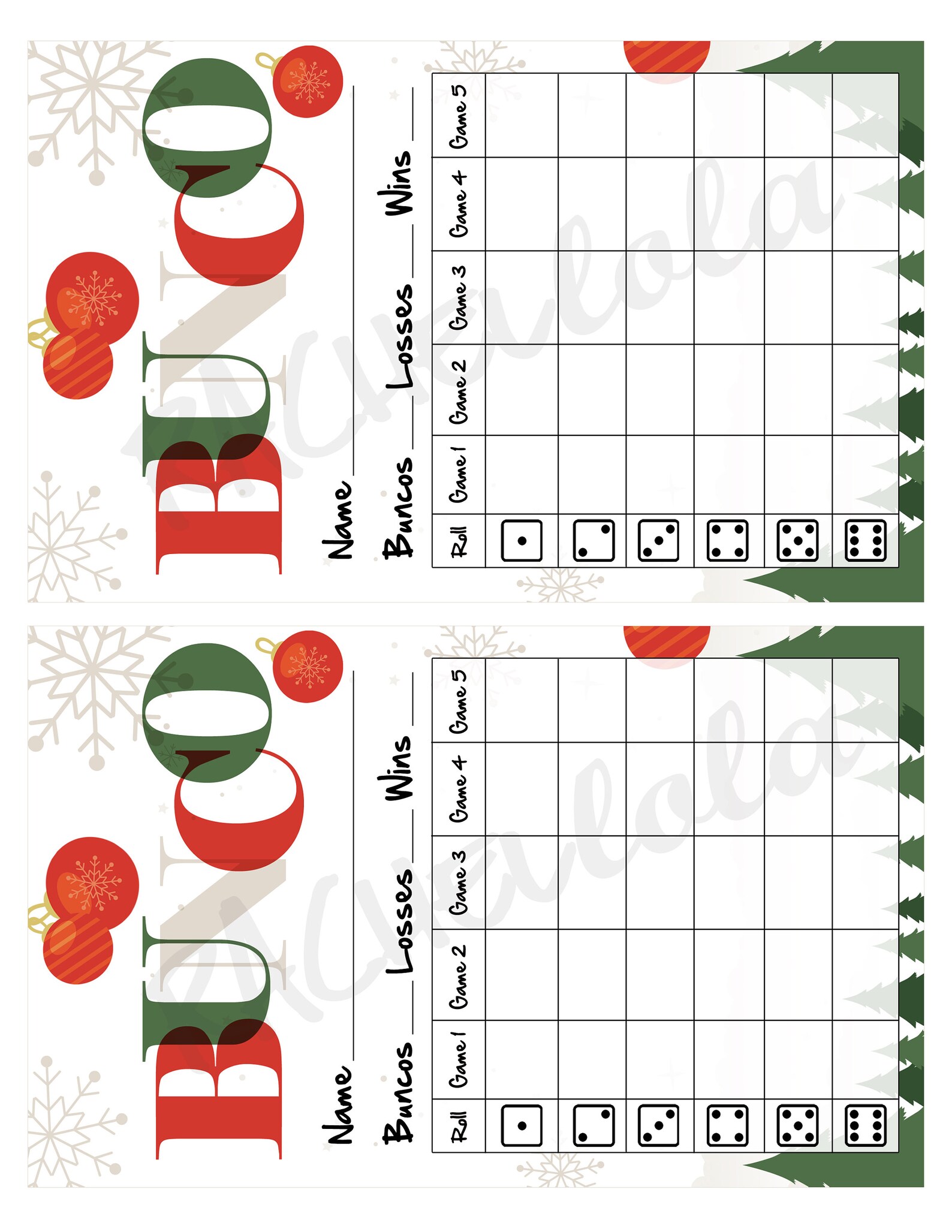 Christmas Bunco Score Card, Score Sheet, Simple Bunko Party, Scorecard ...