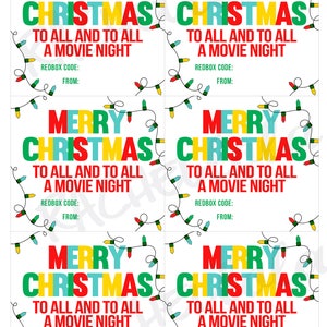 Christmas Redbox Code, Light Strand, Teacher Movie Night Gift Tag ...