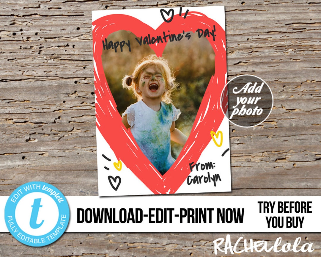 Valentine With Photo, Editable Custom Red Valentine's Day Card for Kids ...