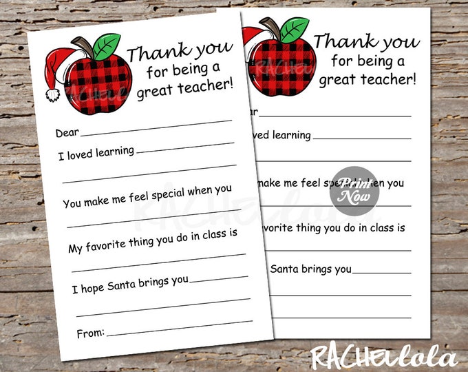 Teacher Winter Gift, Teacher Thank You Card, Printable Note, Fill in ...