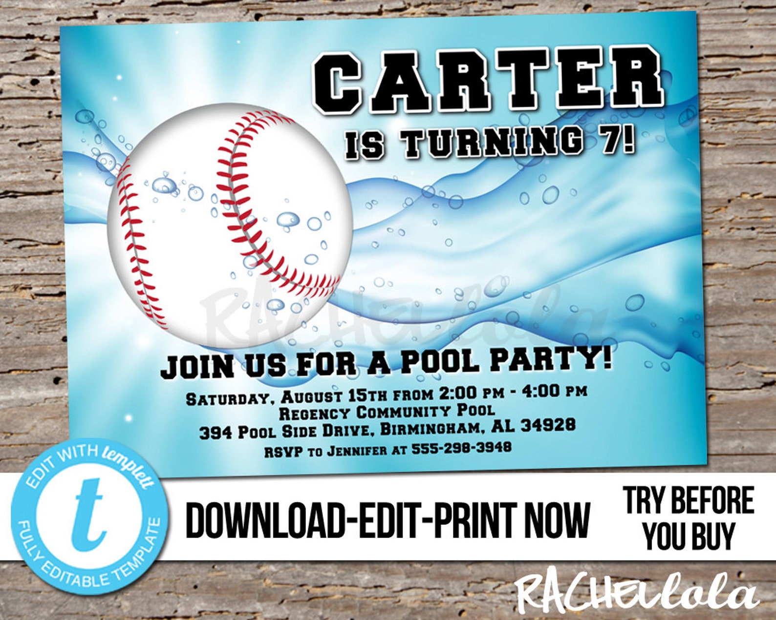 Editable Baseball Pool Party Invitation Birthday Printable - Etsy