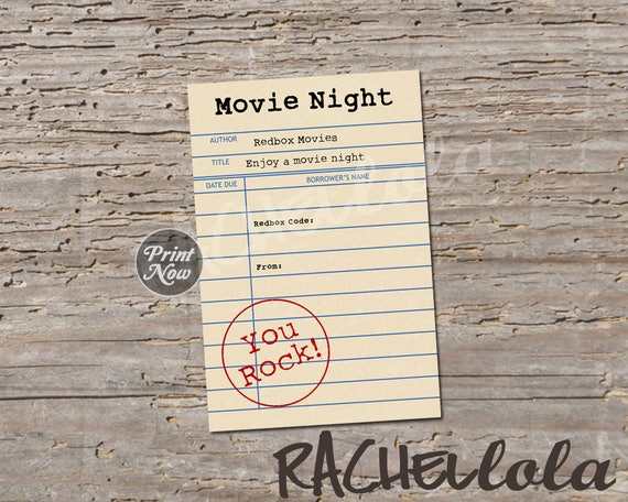 Library card, Redbox code, Librarian Movie night gift tag, Teacher ...