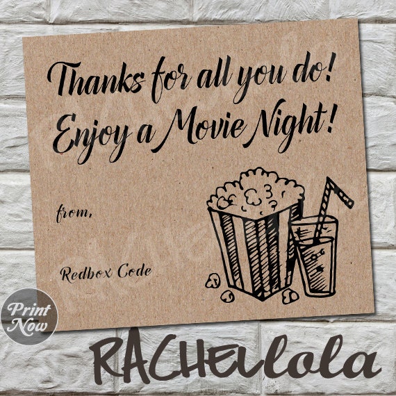 Thank you Redbox Code, teacher movie night gift tag, coworker, nurse ...