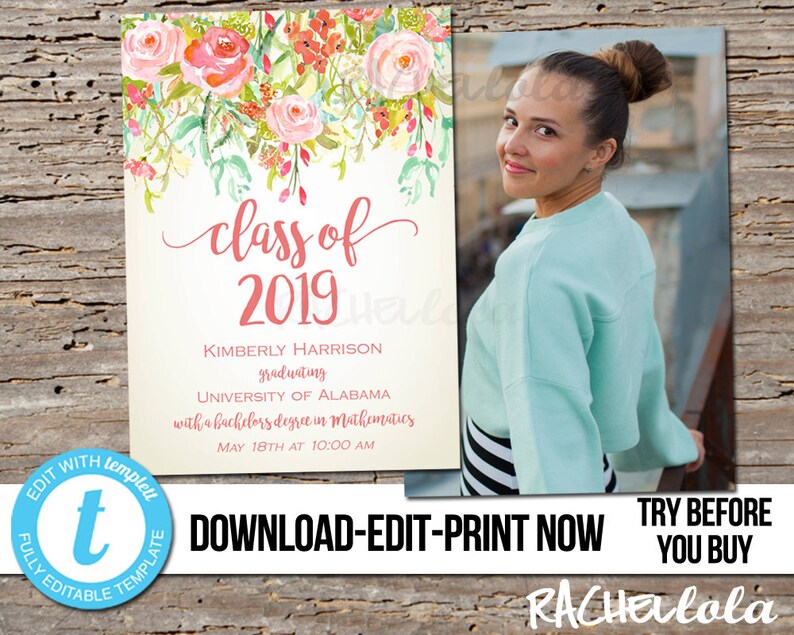 Editable Floral Graduation Announcement Rose Flower Printable | Etsy