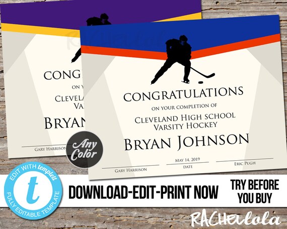 Editable Hockey Award Certificate, Custom printable template, End of ...