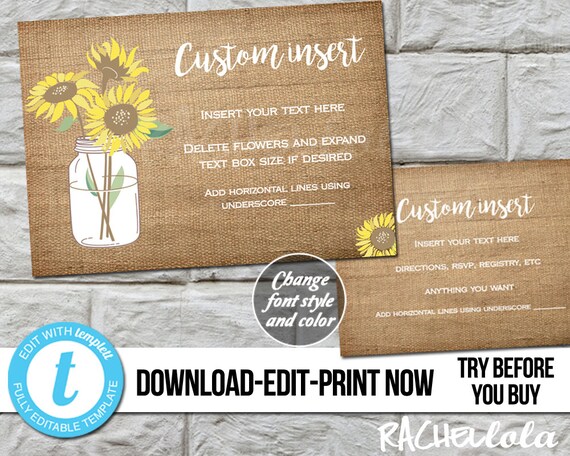 Editable custom invitation insert, Sunflower Burlap Printable Template ...