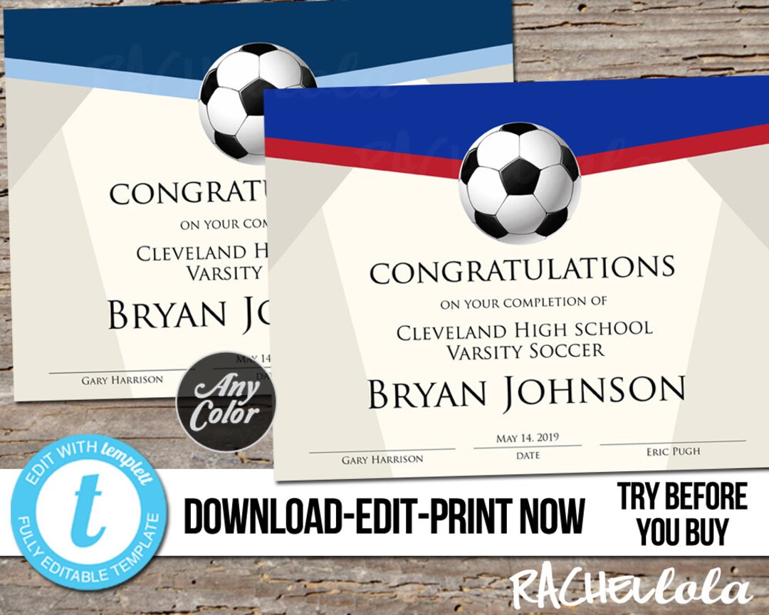 Editable Soccer Award Certificate, Custom Printable Template, End of ...