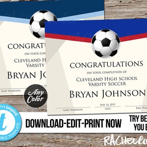 Editable Soccer Award Certificate, Custom Printable Template, End of ...