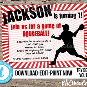Editable Dodgeball Birthday Party Invitation, Printable Template ...