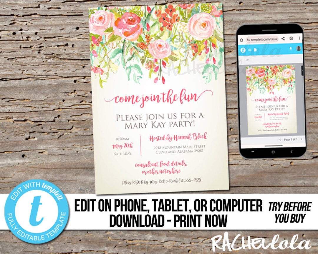 Editable Floral Direct Sales Party Invitation, Printable Template, Pink ...