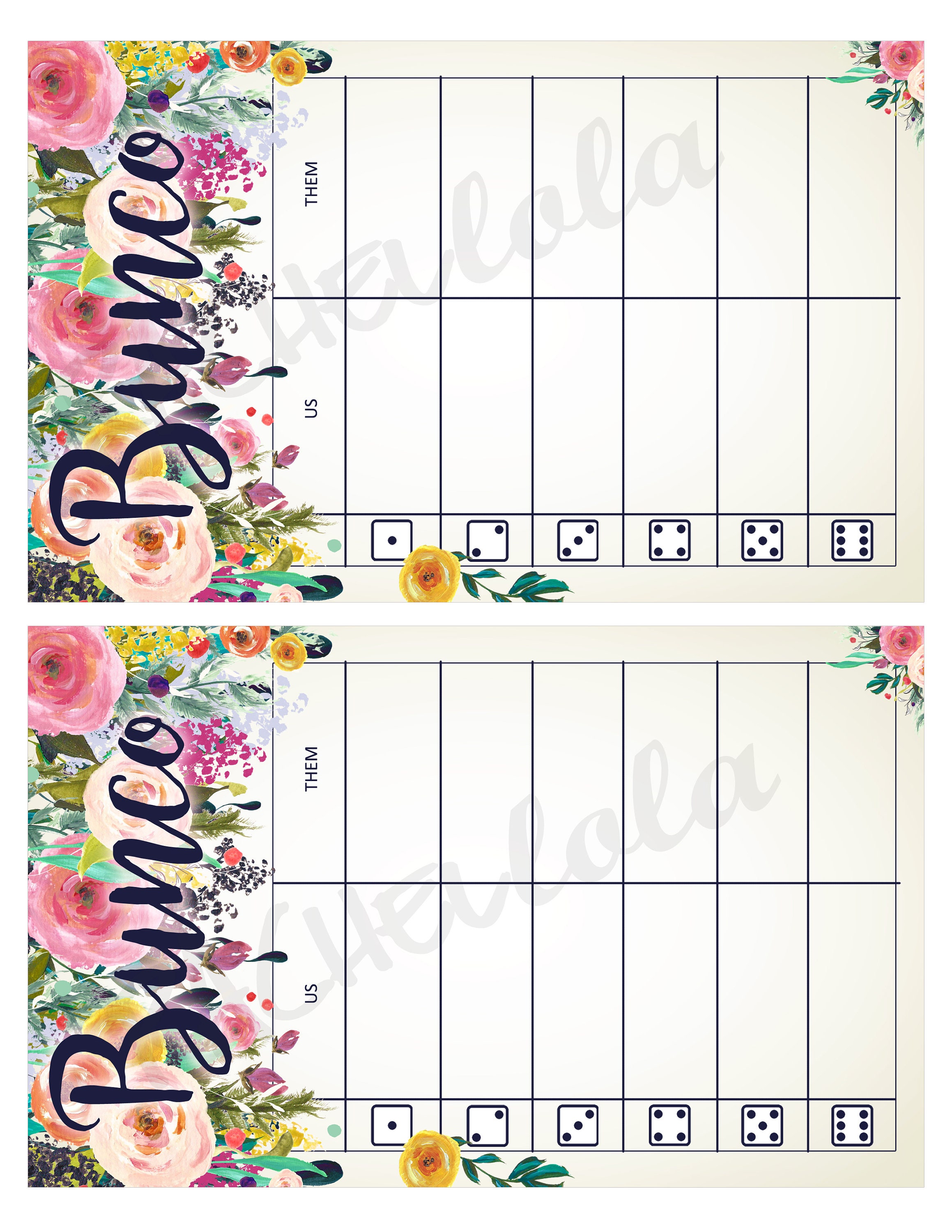 Floral Bunco, Table Tally Sheets, Us Them Tally Cards, Flower Score ...