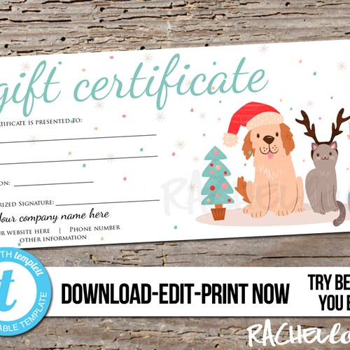 Printable Christmas Pet Gift Certificate Template Dog - Etsy