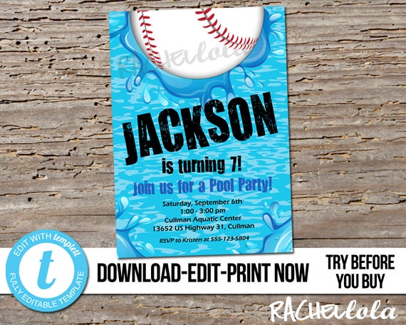 Editable Baseball Pool Party, Birthday Invitation, Printable template ...