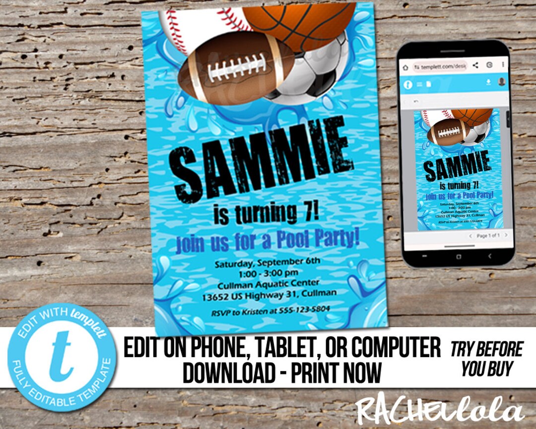 Editable Sports Pool Party, Birthday Invitation, Printable Template ...