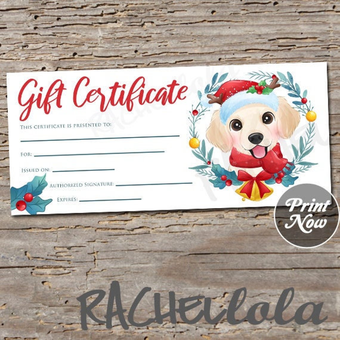 Printable Christmas Pet Gift Certificate Template Dog Puppy - Etsy