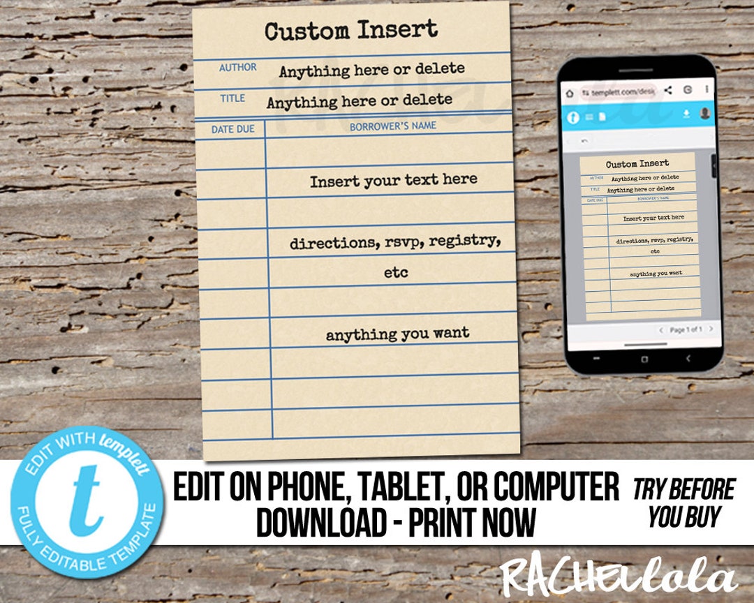 Library Card Invitation Insert, Printable Template, Thank You, Wedding ...