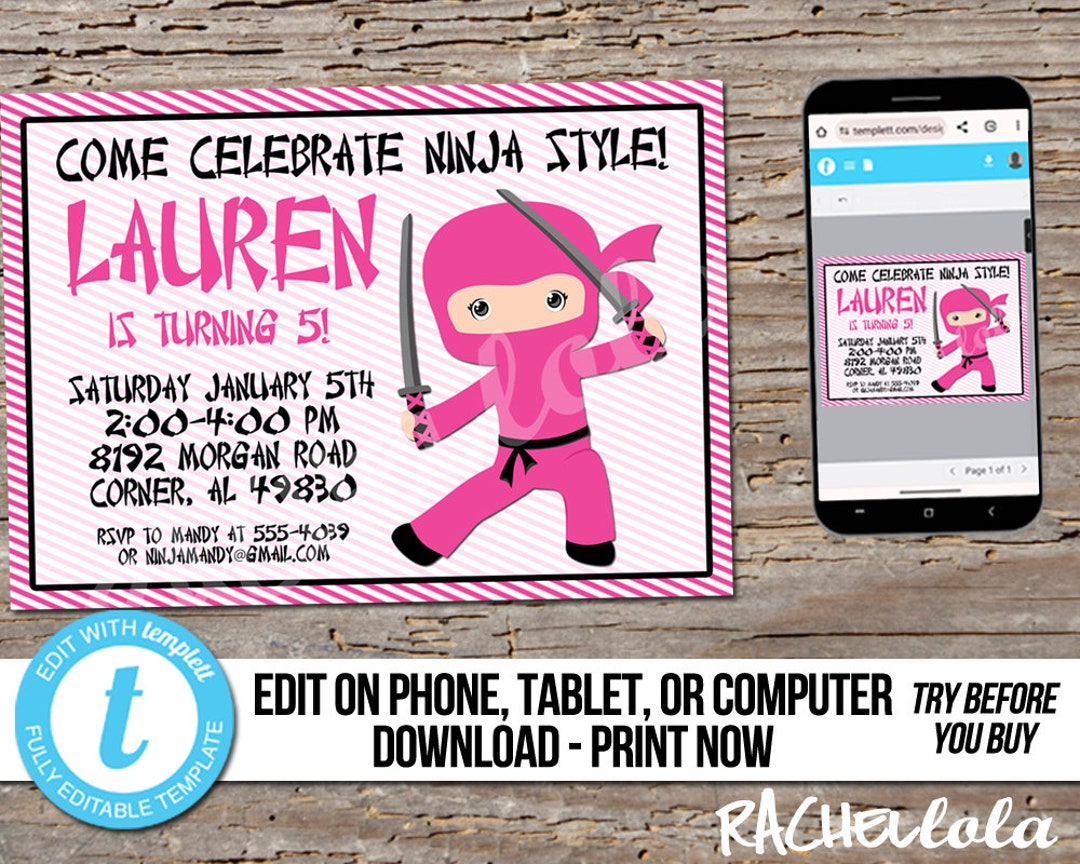 Editable Pink Ninja Birthday Party Invitation, Girl Invite, Celebrate ...