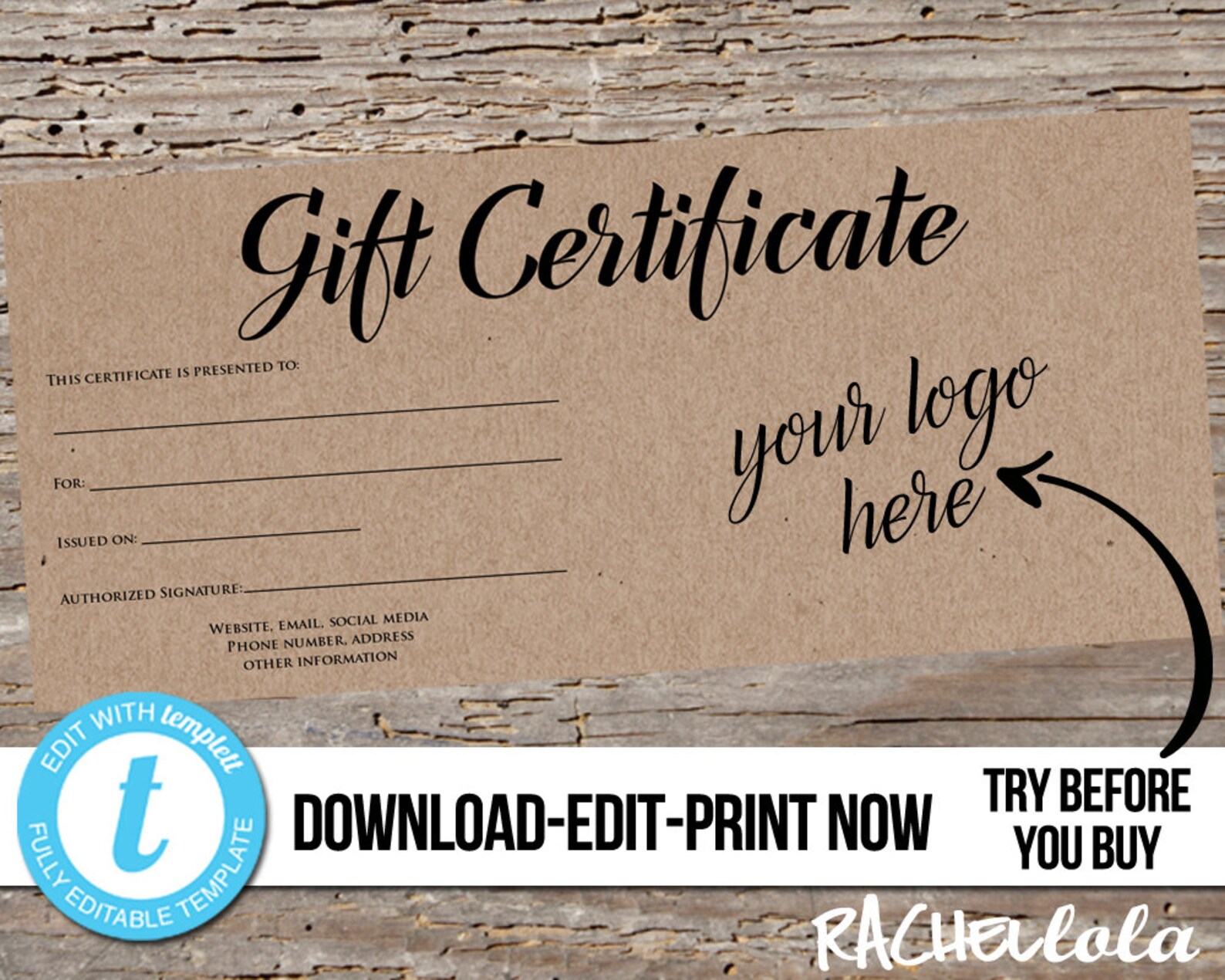 Editable Custom Printable Gift Certificate Template Logo | Etsy