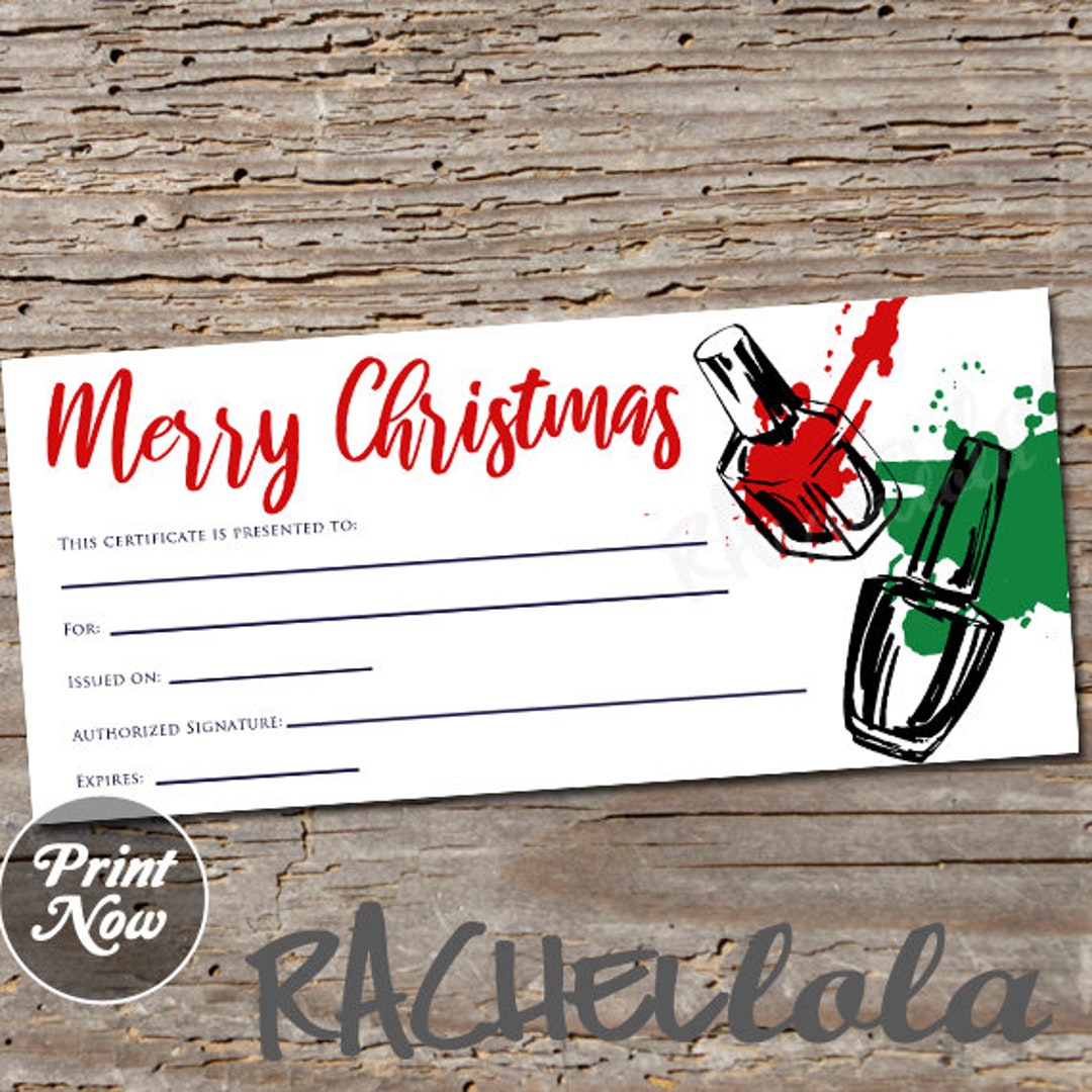 Printable Nail Salon Gift Certificate Christmas Holiday Fillable