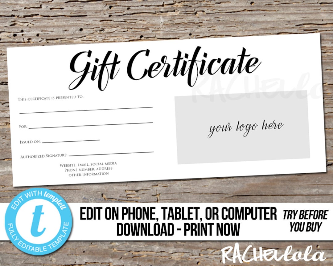 Editable Custom Printable Gift Certificate Template Logo, Photography ...