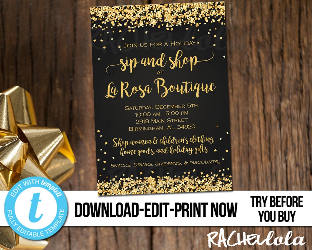 Christmas Sip and Shop Party Invitation, Printable Template, Holiday ...