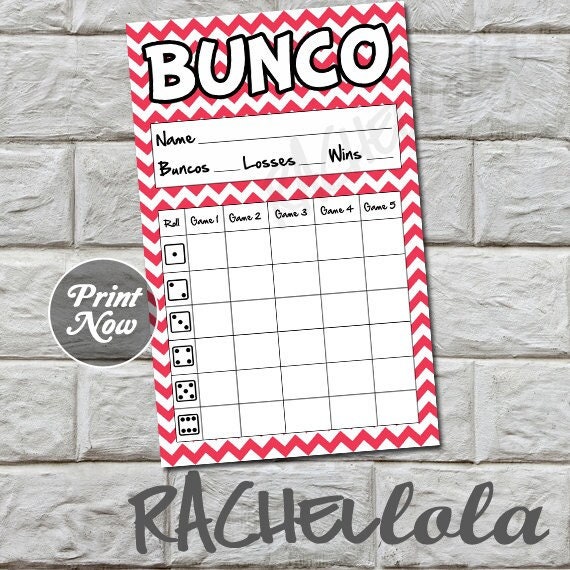 Pink chevron bunco score card, score sheet, summer bunko party ...