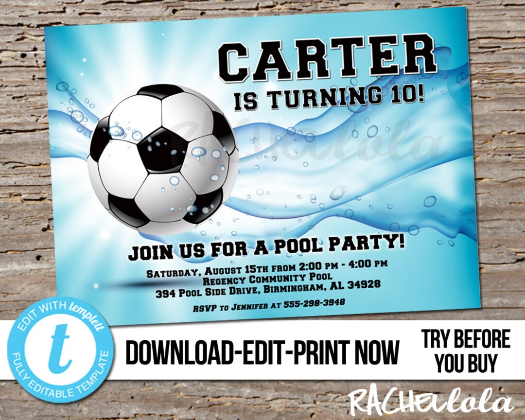 Editable Soccer Pool Birthday Party Invitation Printable - Etsy
