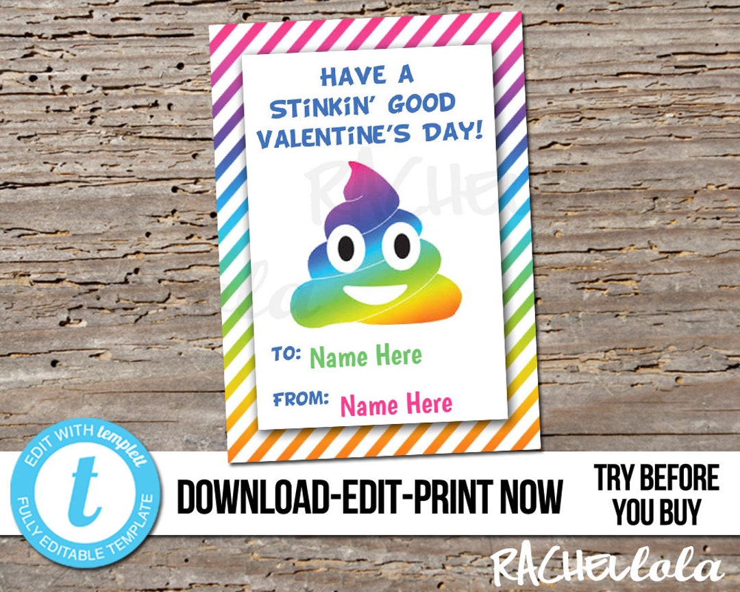 Rainbow Poop Emoji Valentine's Day Card for Kids, Editable Custom ...
