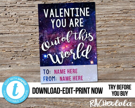 Galaxy Valentine's day card for kids, Printable template, Editable ...