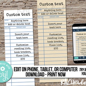 Editable Custom Library Card Bookmark, Printable Template, Thank You ...