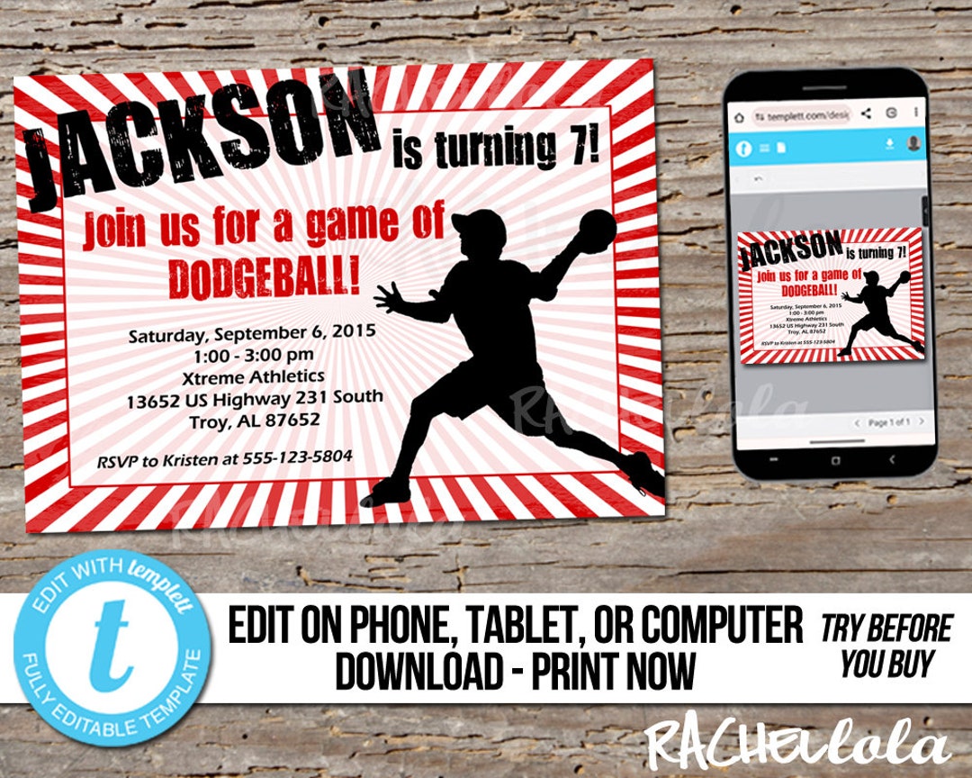 Editable Dodgeball Birthday Party Invitation, Printable Template ...