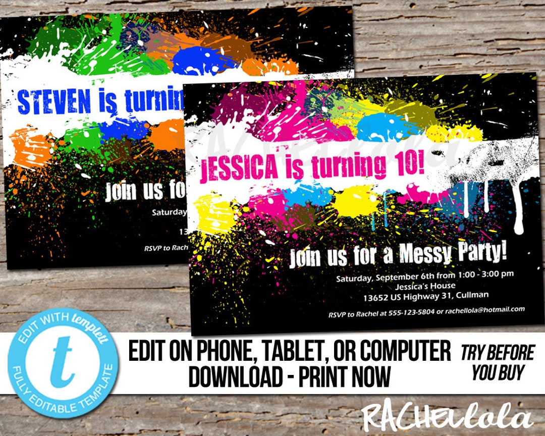 Editable Messy Paint Birthday Party Invitation, Printable Template, Boy ...