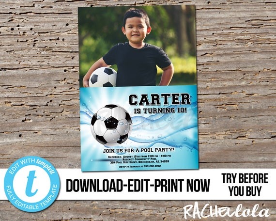Editable Soccer pool birthday party invitation with photo, Printable ...