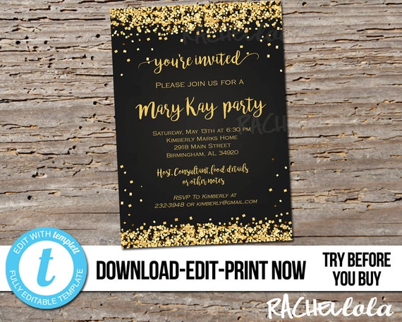 Editable Direct sales party invitation, Printable template, Black Gold ...