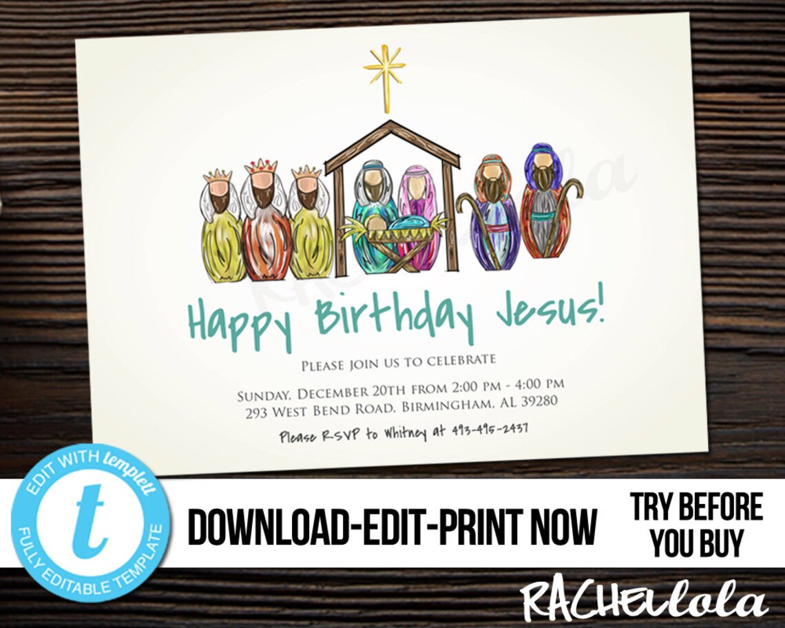 Editable Happy Birthday Jesus Christmas Party Nativity - Etsy