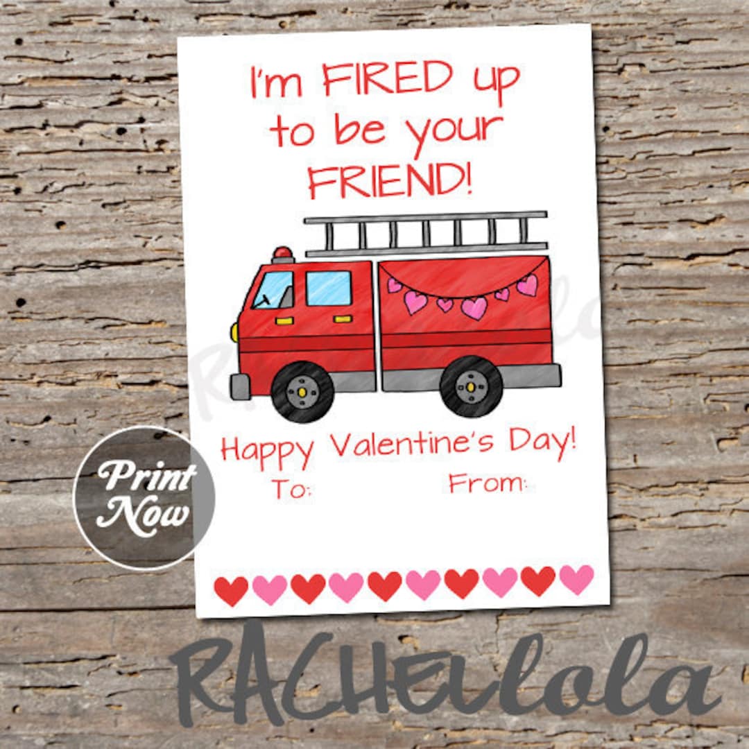 Fire Truck Valentine's Day Card for Kids, Printable Template, Fireman ...