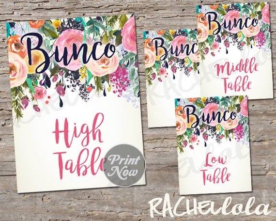Floral Bunco table signs, High Low Middle table markers label, Spring ...